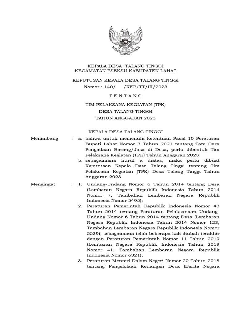 Contoh SK TPK Desa Tahun 2024 | PDF