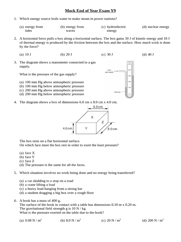 Year 9 Physics Mock Exam Questions | PDF | Pressure | Potential Energy