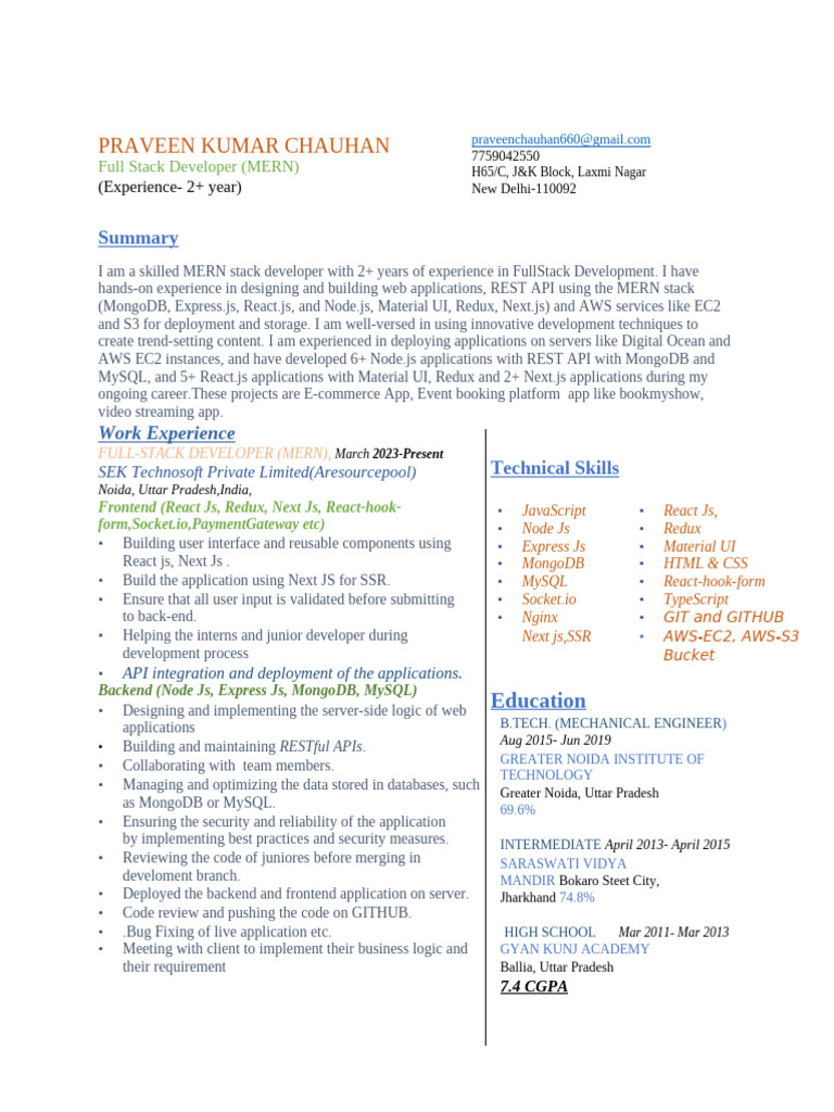 Praveen Experience 2+ Years (MERN) Stack Developer | PDF | Computing ...
