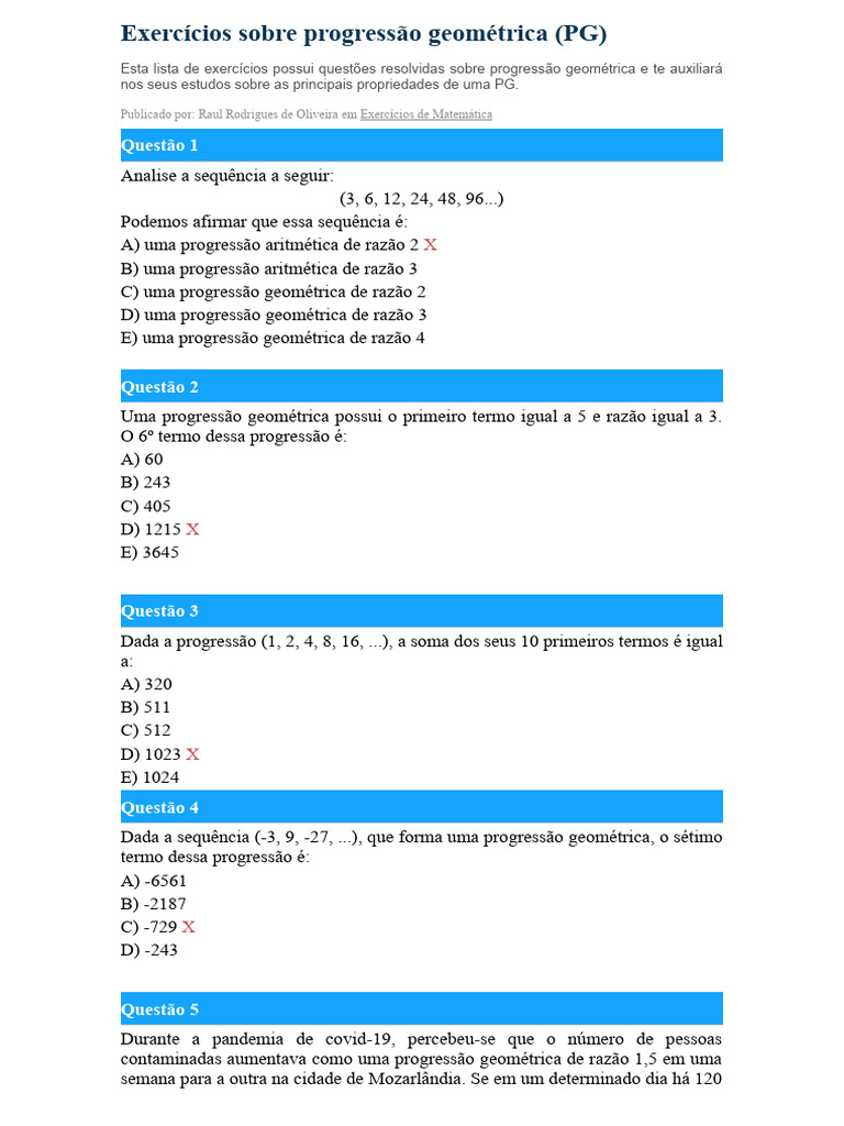 Exercícios Sobre Progressão Geométrica | PDF | Sequência | Triângulo