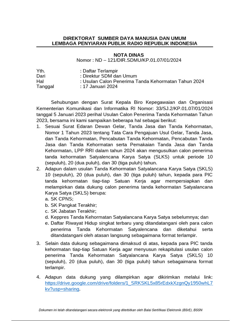 ND 121 Dir Sdmu Nd-Usulan Calon Penerima Tanda Kehormatan LPP Rri Tahun 2024 | PDF