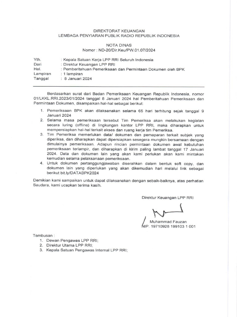 ND 20 Pemberitahuan Pemeriksaan Dan Permintaan Dokumen Oleh BPK | PDF