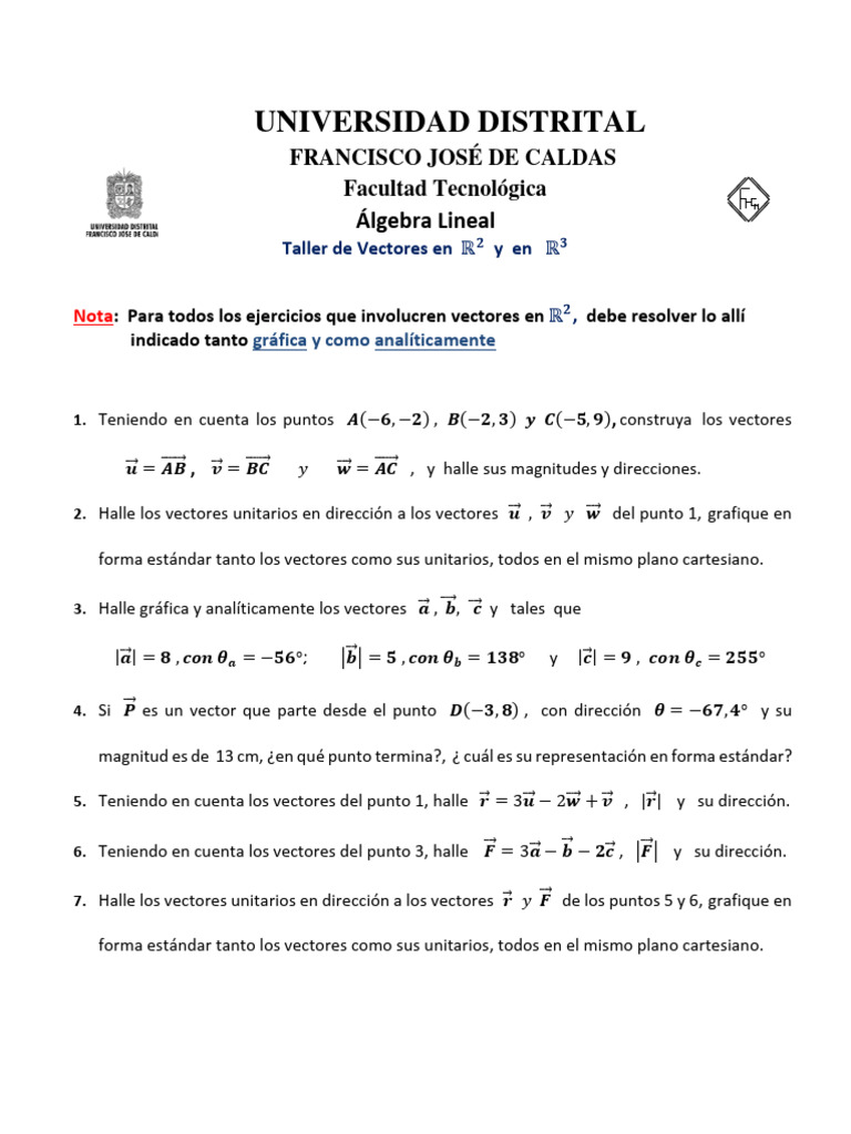 Taller D1 - Vectores en R2 y R3 | PDF | Vector Euclidiano | Mecánica