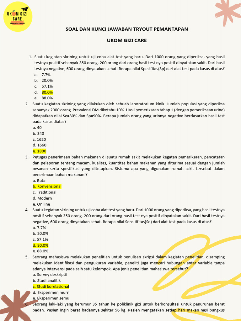 Ukom Gizi Care - Soal Dan Kunci Jawaban To Pemantapan Fixx | PDF | Kesehatan Holistik