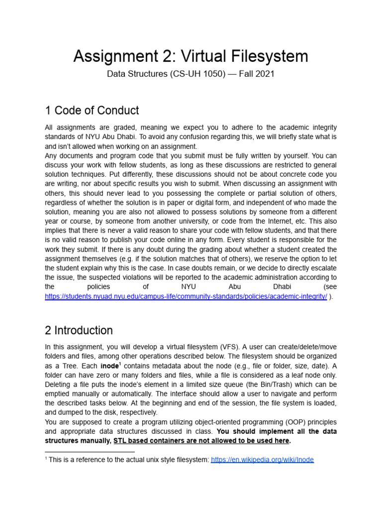 Assignment 2 - Virtual Filesystem | PDF | Computer File | Directory (Computing)