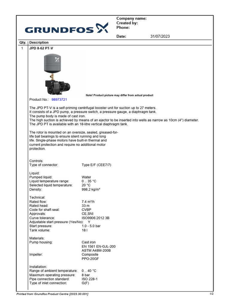 Type Pompa Groundfos 98973721 - JPD - 862 - PTV | PDF | Pump | Ac Power ...