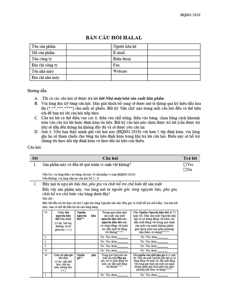 Halal Questionnaire For General Material (HQ001) | PDF