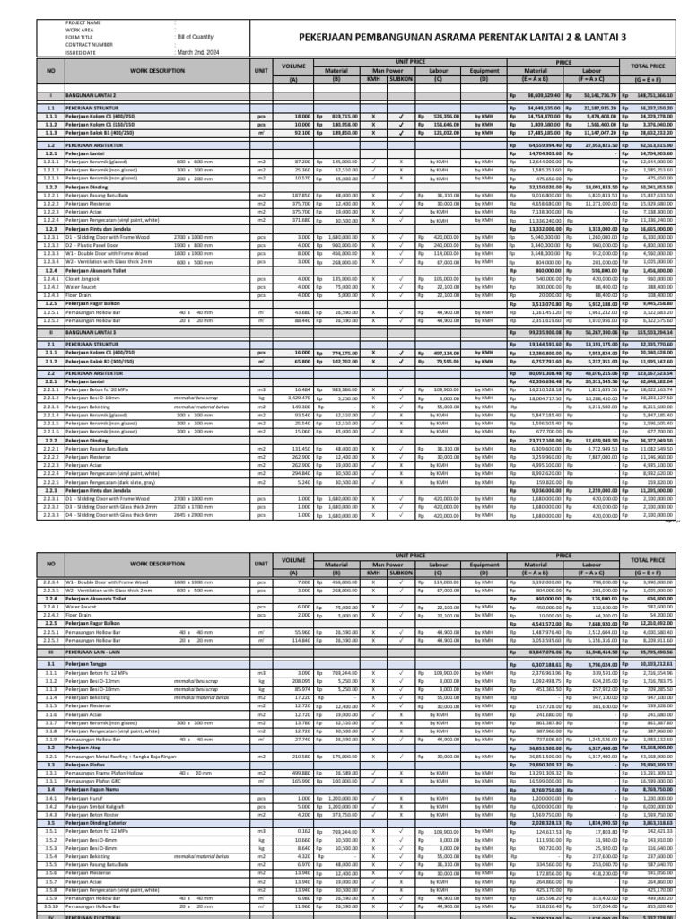 24.02.24 Draft BOQ Pekerjaan Pembangunan Asrama Perentak | PDF | Civil Engineering | Components