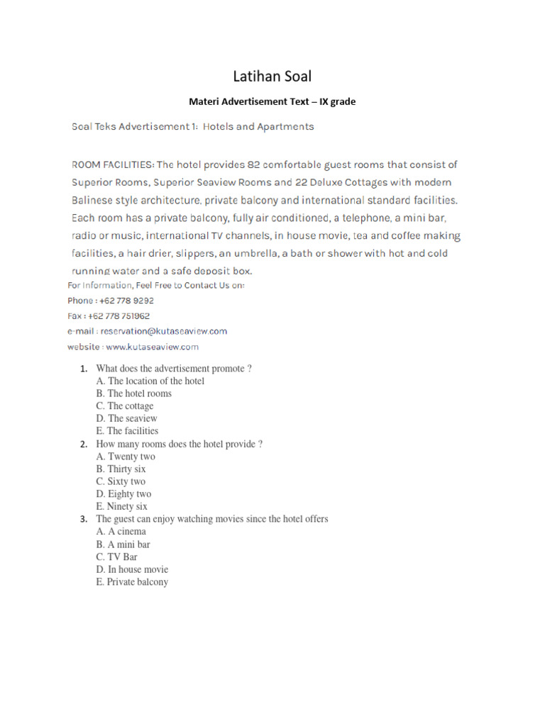 Latihan Soal Advertisement Text IX Grade | PDF | Hotel | Giacomo Casanova