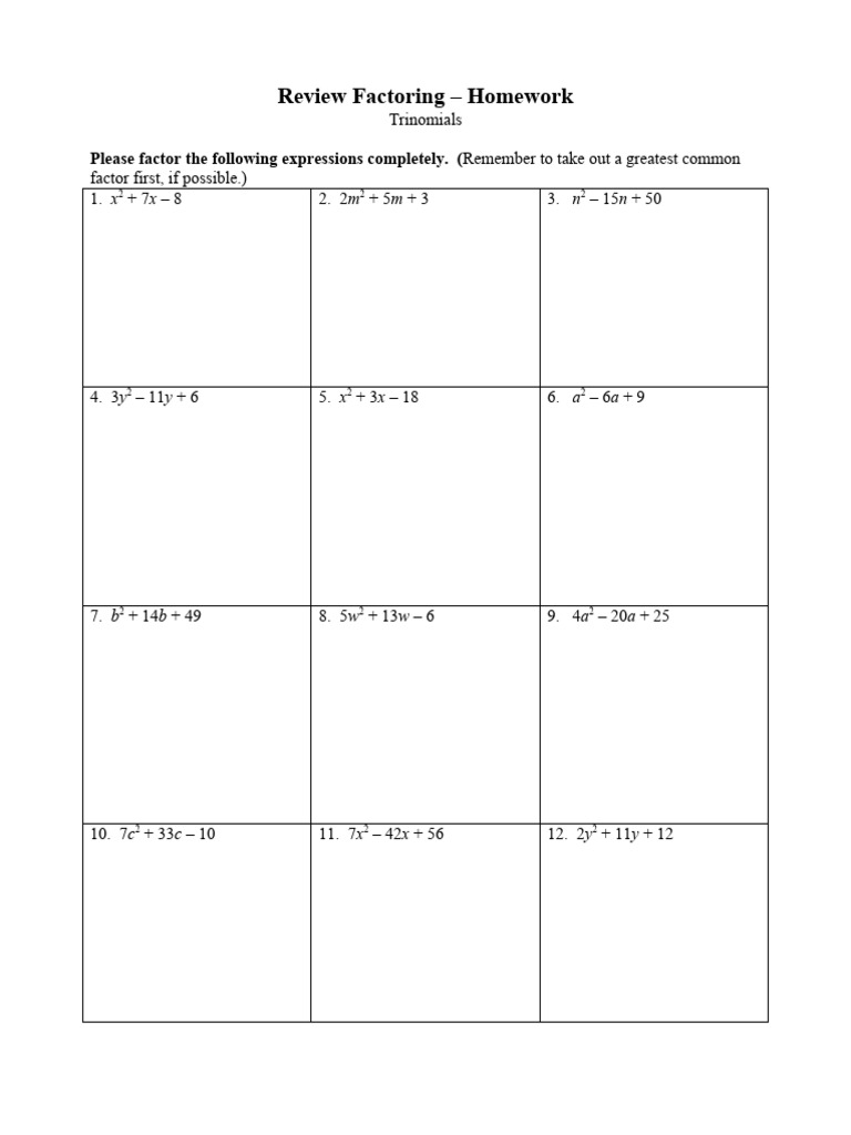 Review Factoring - Homework: Please Factor The Following Expressions ...