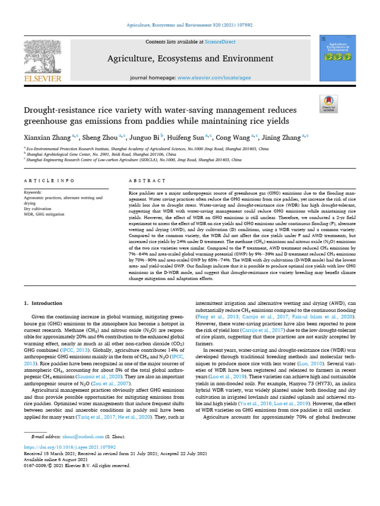 Drought-Resistance Rice Variety With Water-Saving Management Reduces ...