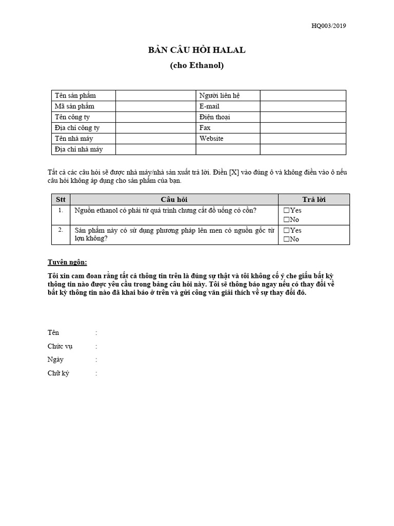 Halal Questionnaire For Ethanol (HQ003) | PDF