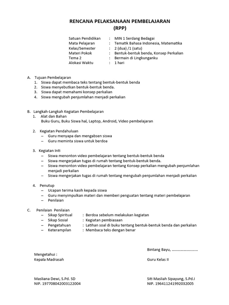 RPP Daring Kelas 2 Tema 2 Ganjil | PDF