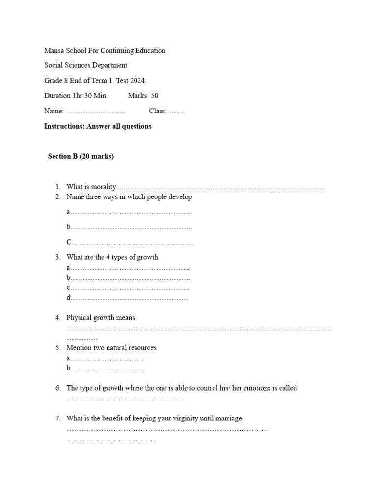 Grade 8 End of Term R. E Test | PDF