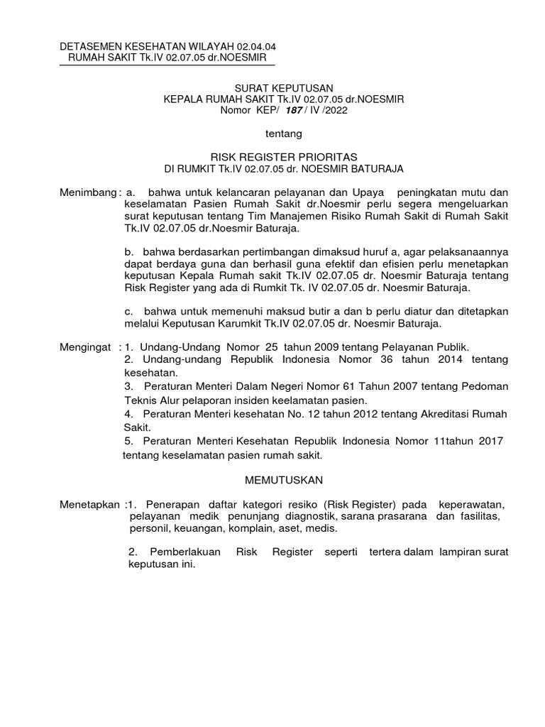 SK Penetapan Daftar Resiko Oke | PDF