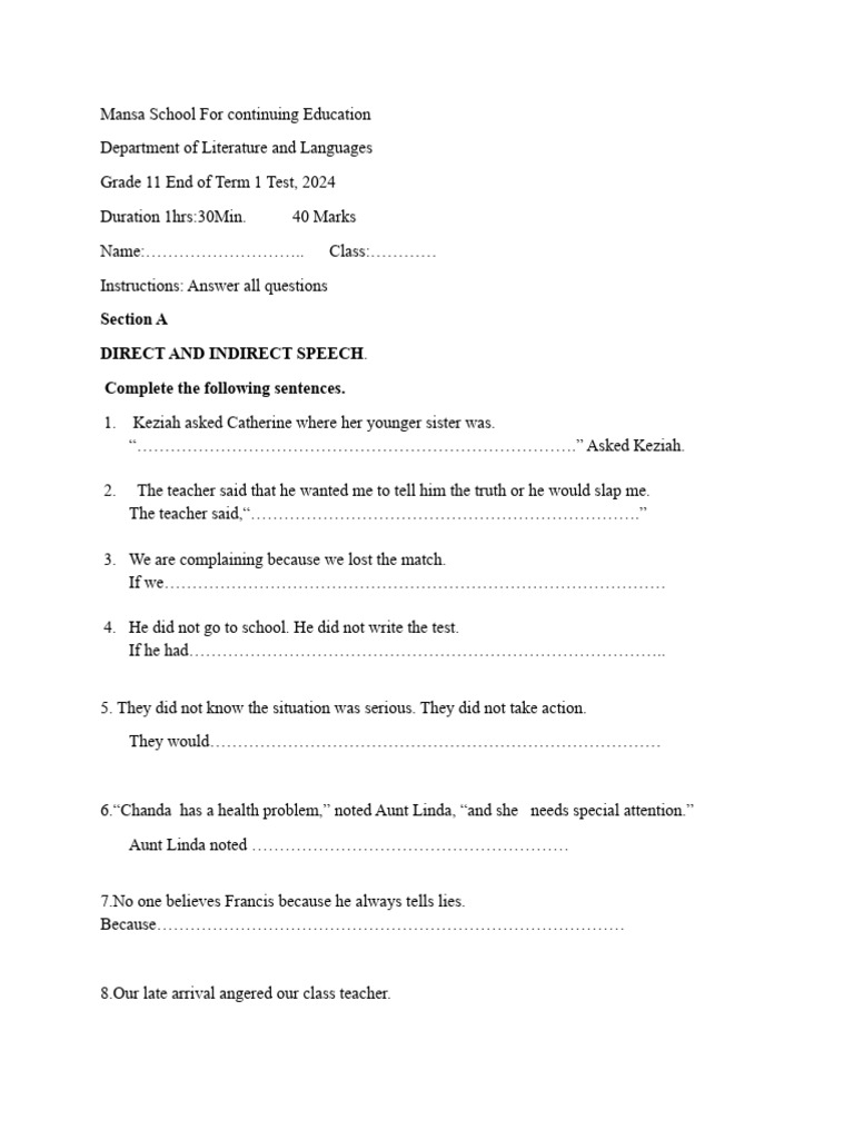 GRADE 11 End The 1 Test 2024 | PDF