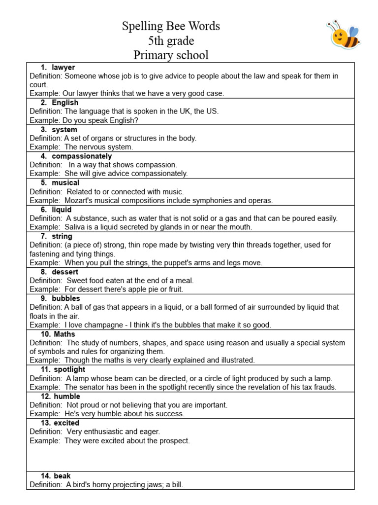 Spelling Bee Vocabulary 5 Grade | Download Free PDF | Mammals | Plants
