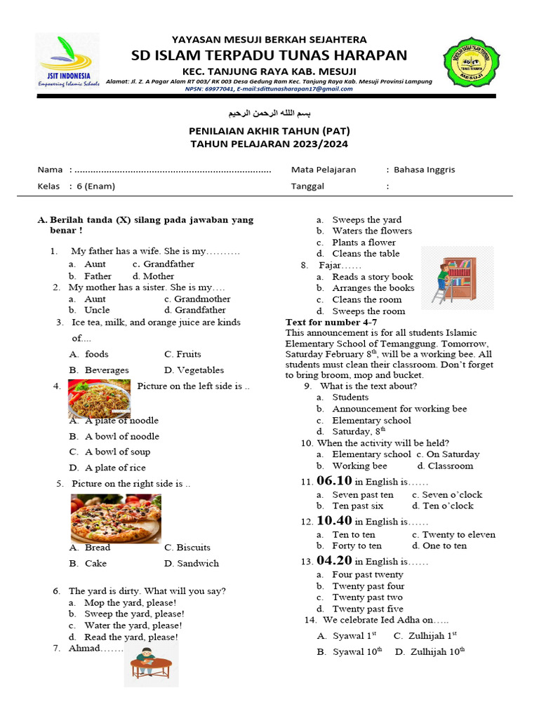 Soal Ujian Sekolah Kelas 6 | PDF