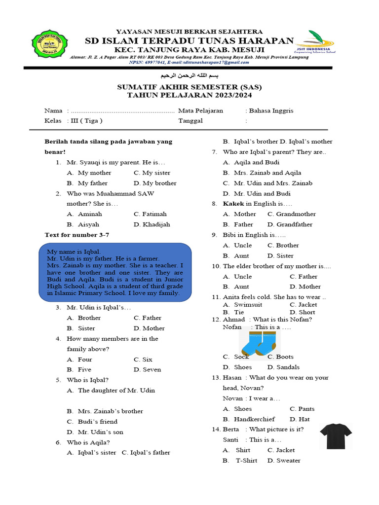 English Exam for Islamic School Grade 3 | PDF | Human Appearance ...