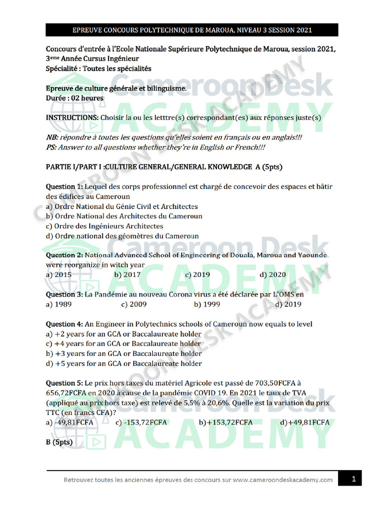 EPREUVE DE CULTURE GENERALE ET BILINGUISME 2021 | PDF