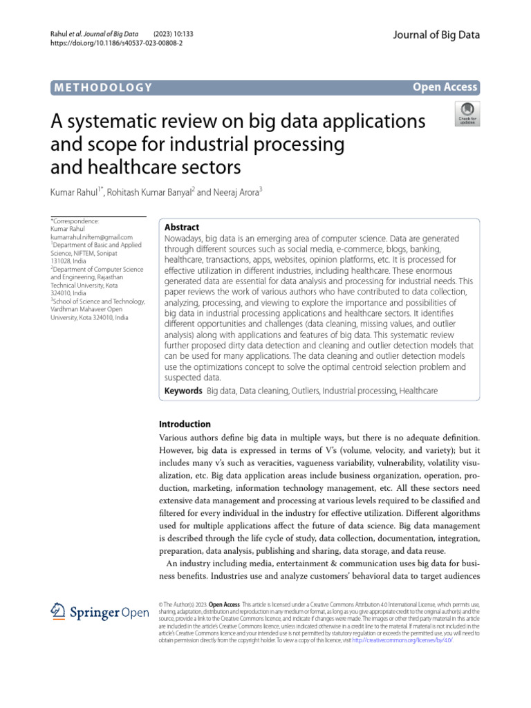A Systematic Review On Big Data Applications and Scope For Industrial Processing and Healthcare ...