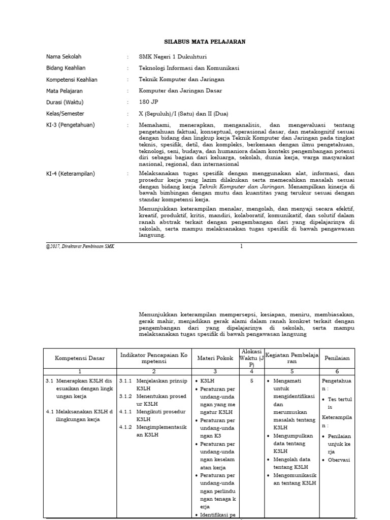 Silabus Komputer Dan Jaringan Dasar SMK N 1 Dukuhturi | PDF