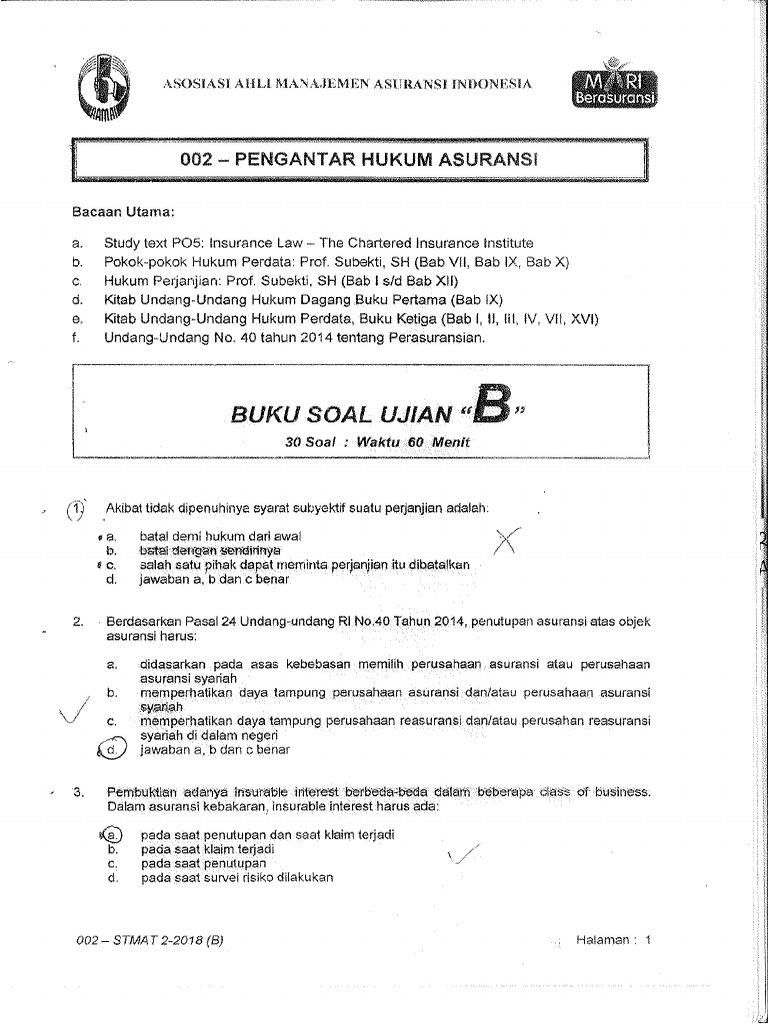 Soal 002 - Pengantar Hukum Asuransi 2018 | PDF