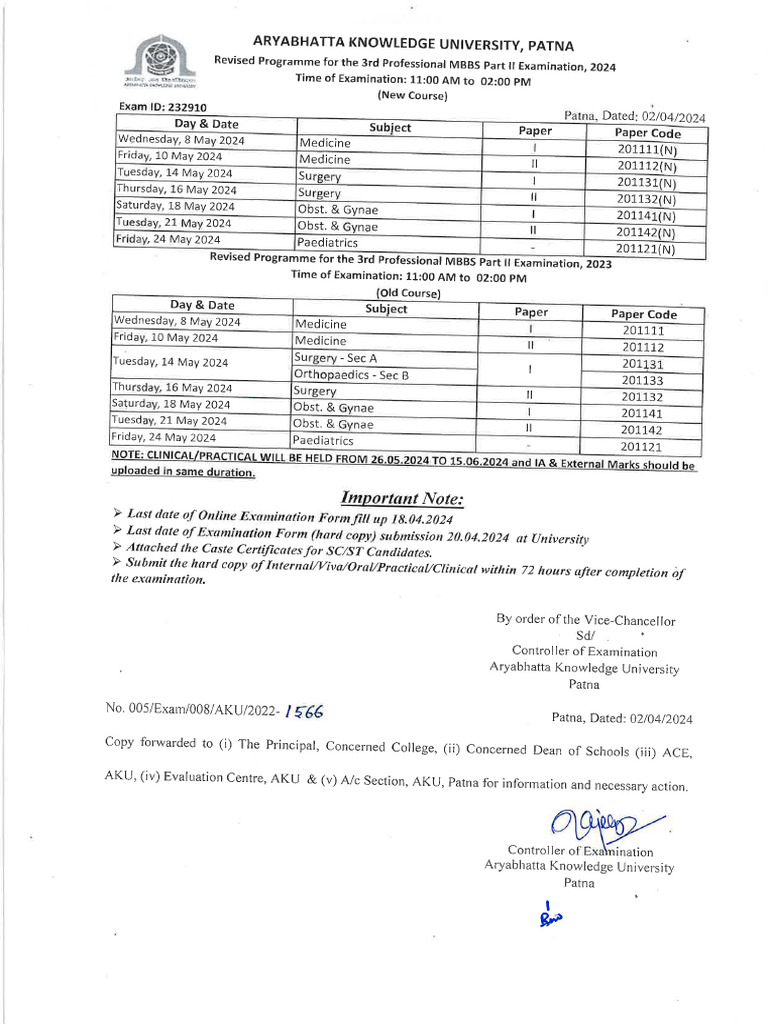 232910-Revised 3rd Professional MBBS Part-II Examination 2024 (Old & New) Lt. No. 1566 Dt. 02.04 ...