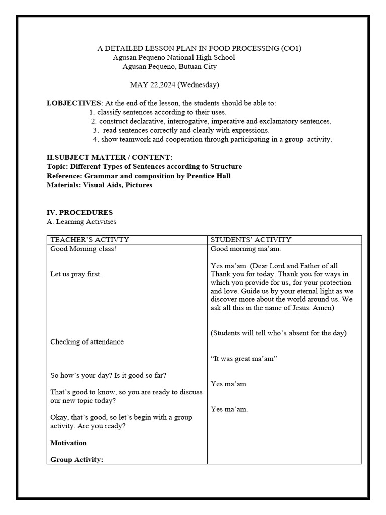 A Detailed Lesson Plan in Food Processing | PDF | Question | Sentence ...