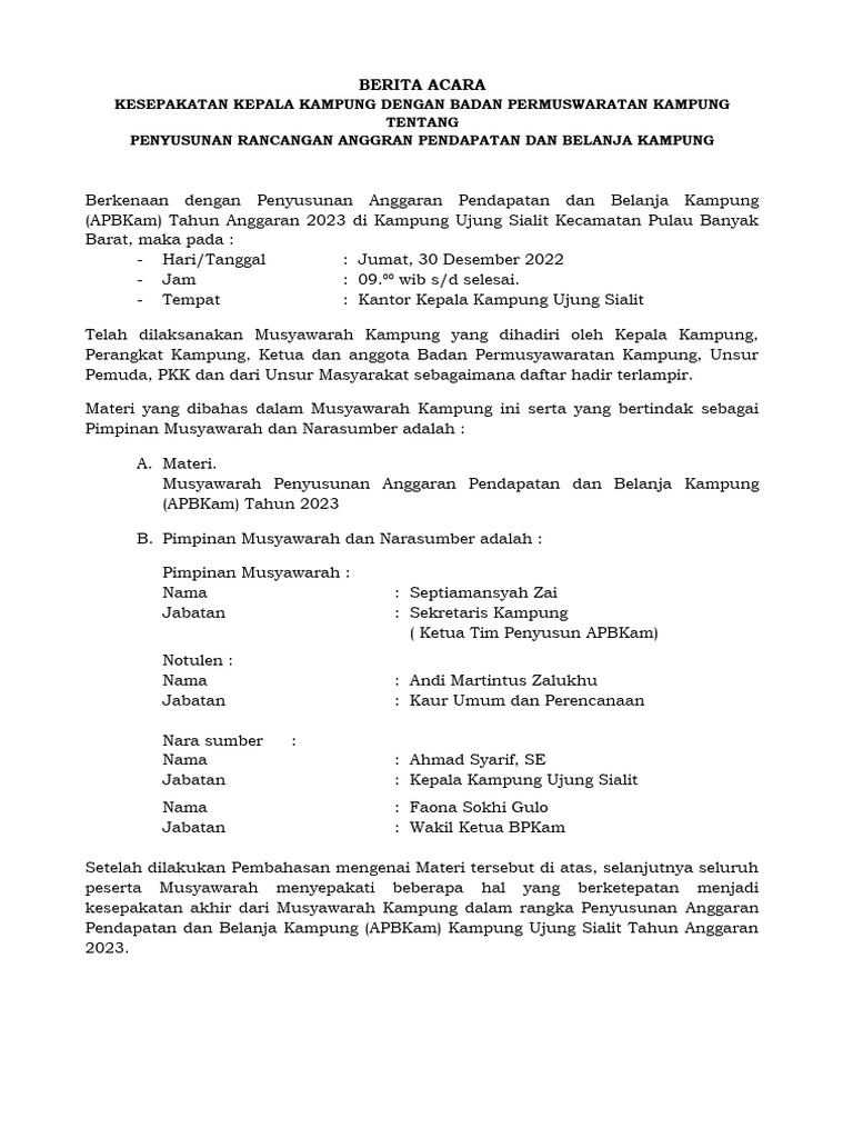 BERITA - ACARA - R-APBKam - 2023 - (NOTA - KESEPAKATAN - KADES - DAN - BPG) | PDF