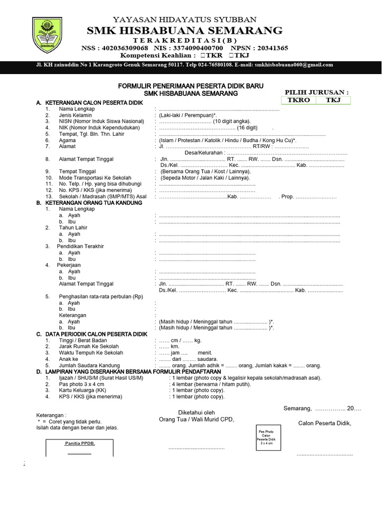 Contoh Formulir PSB SMK Tahun | PDF