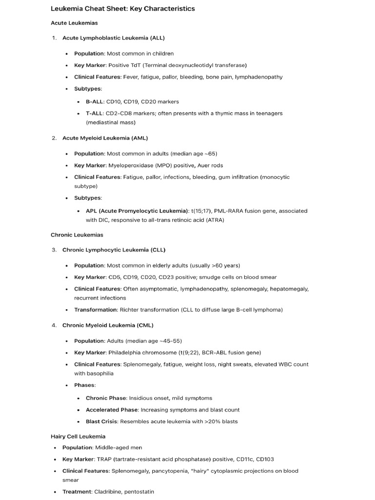 Cheat sheet leukemia | PDF