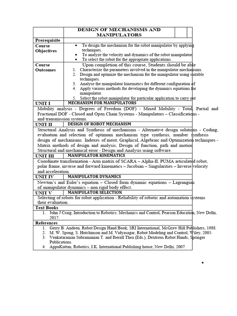 Design of Mechanisms and Manipulators | PDF | Kinematics | Classical ...