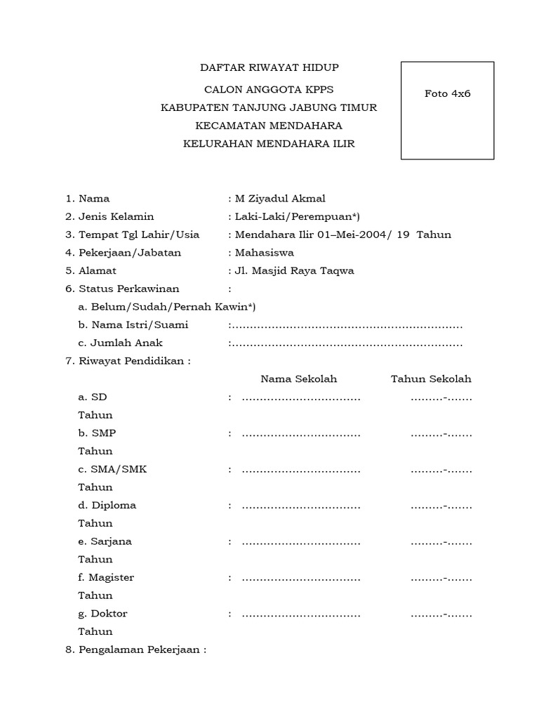 CV Calon KPPS Mendahara Ilir | PDF