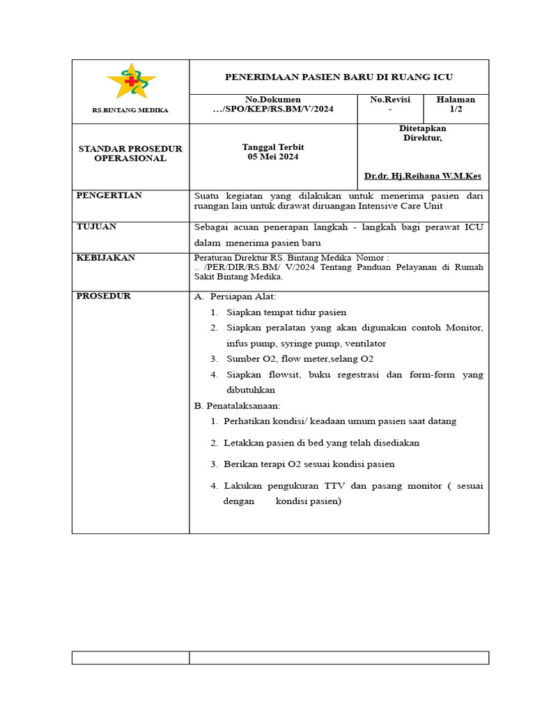 Spo Penerimaan Pasien Baru Di Icu | PDF