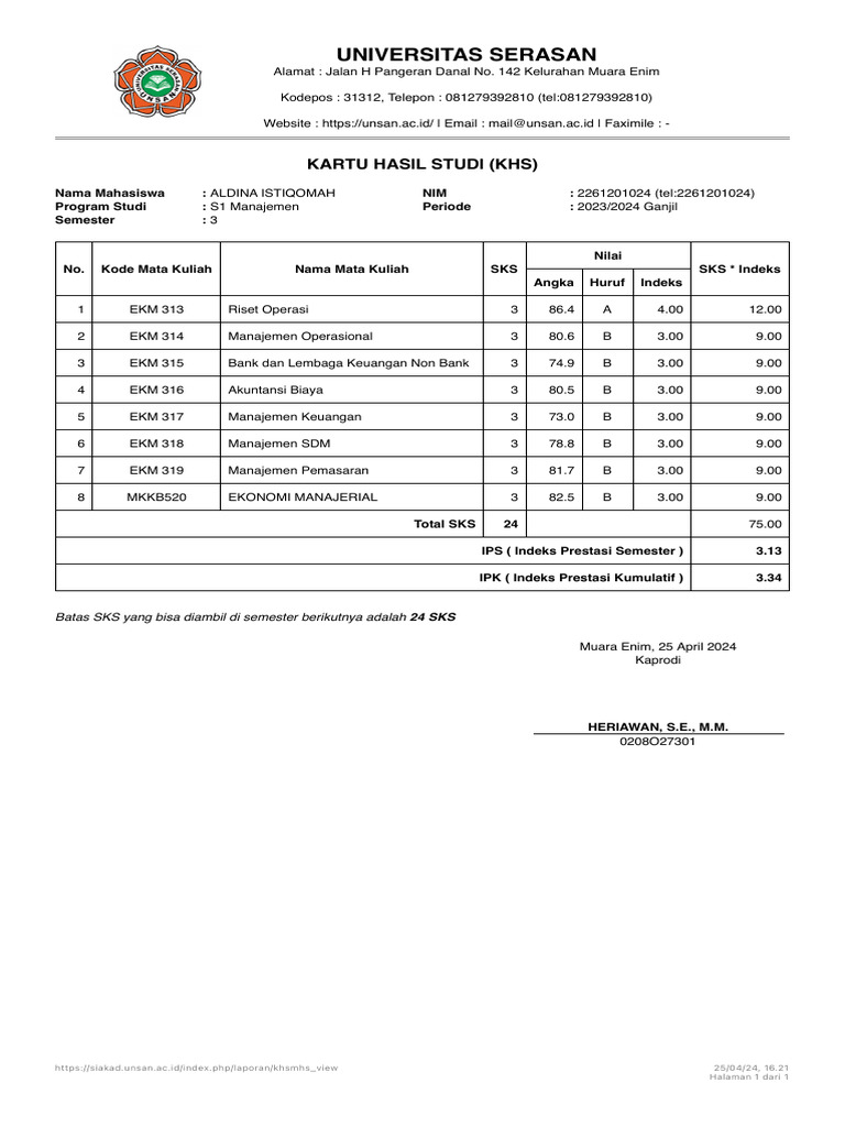 Cetak Laporan KHS Mahasiswa | PDF