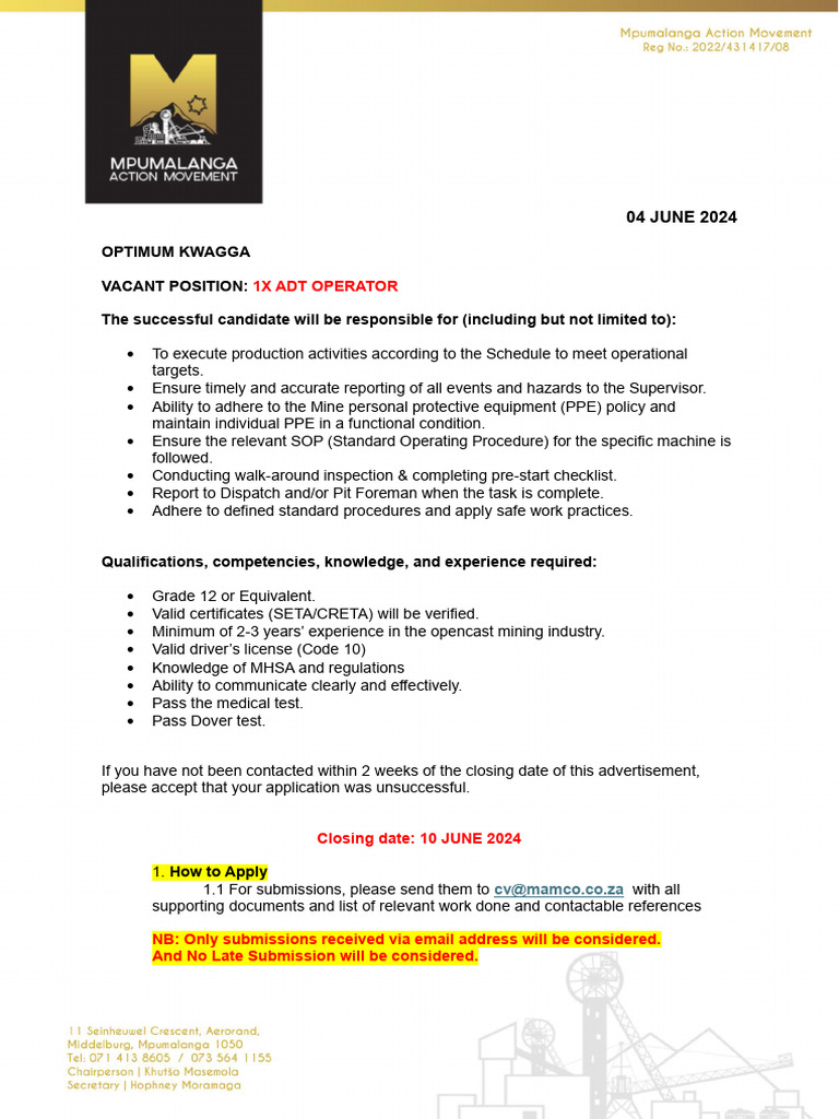 ADT Operator Position in Mpumalanga | PDF