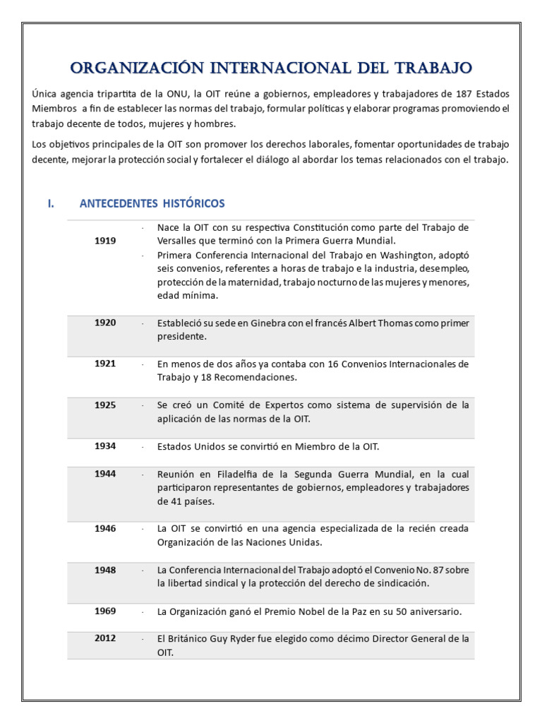Historia y Funciones de la OIT | PDF | Organización Internacional del Trabajo | Justicia