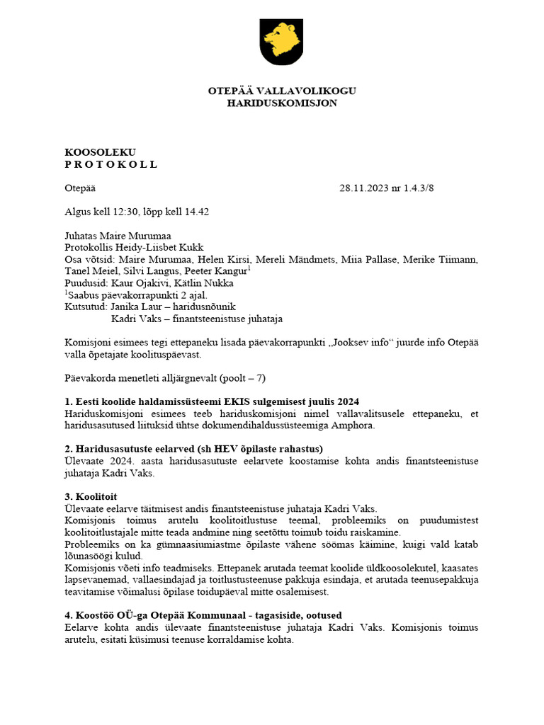 Hariduskomisjoni Koosoleku Protokoll 28.11.2023 | PDF