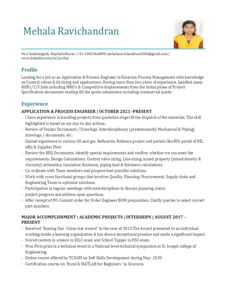 Mehala - Profession Resume 1.1 | PDF | Oil Refinery