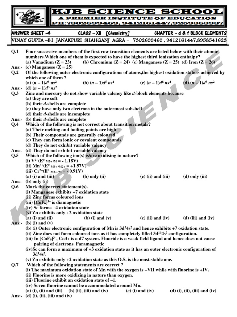 KJB Answer Sheet DPA-4 | PDF | Transition Metals | Manganese
