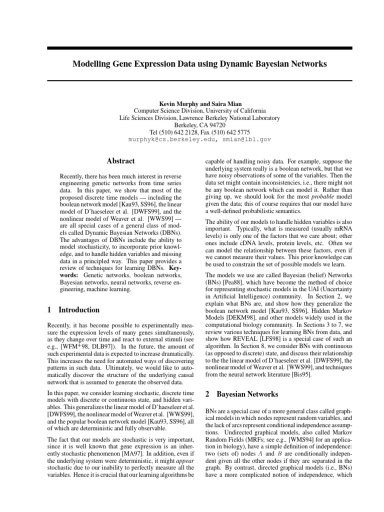 1999-Modelling Gene Expression Data Using Dynamic Bayesian Networks ... 1999-Modelling Gene Expression Data Using Dynamic Bayesian Networks ...