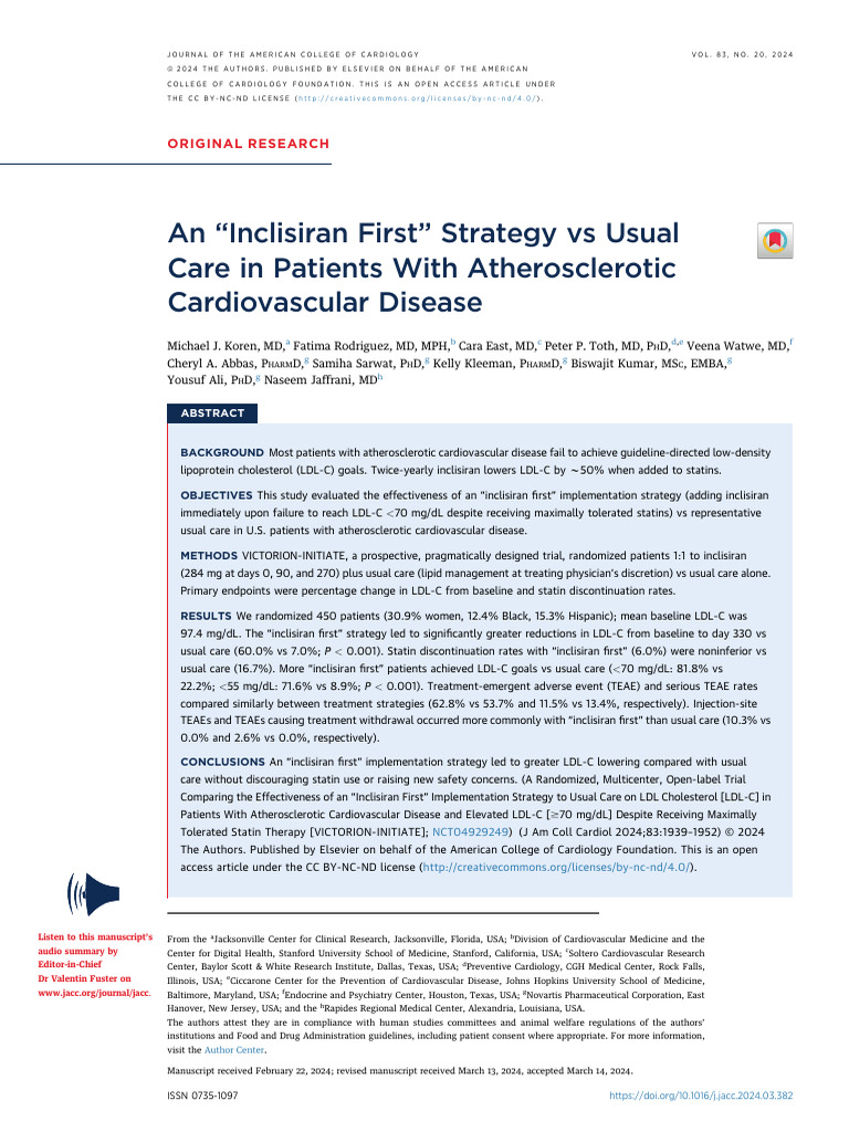 Koren Et Al 2024 An Inclisiran First Strategy Vs Usual Care in Patients ...