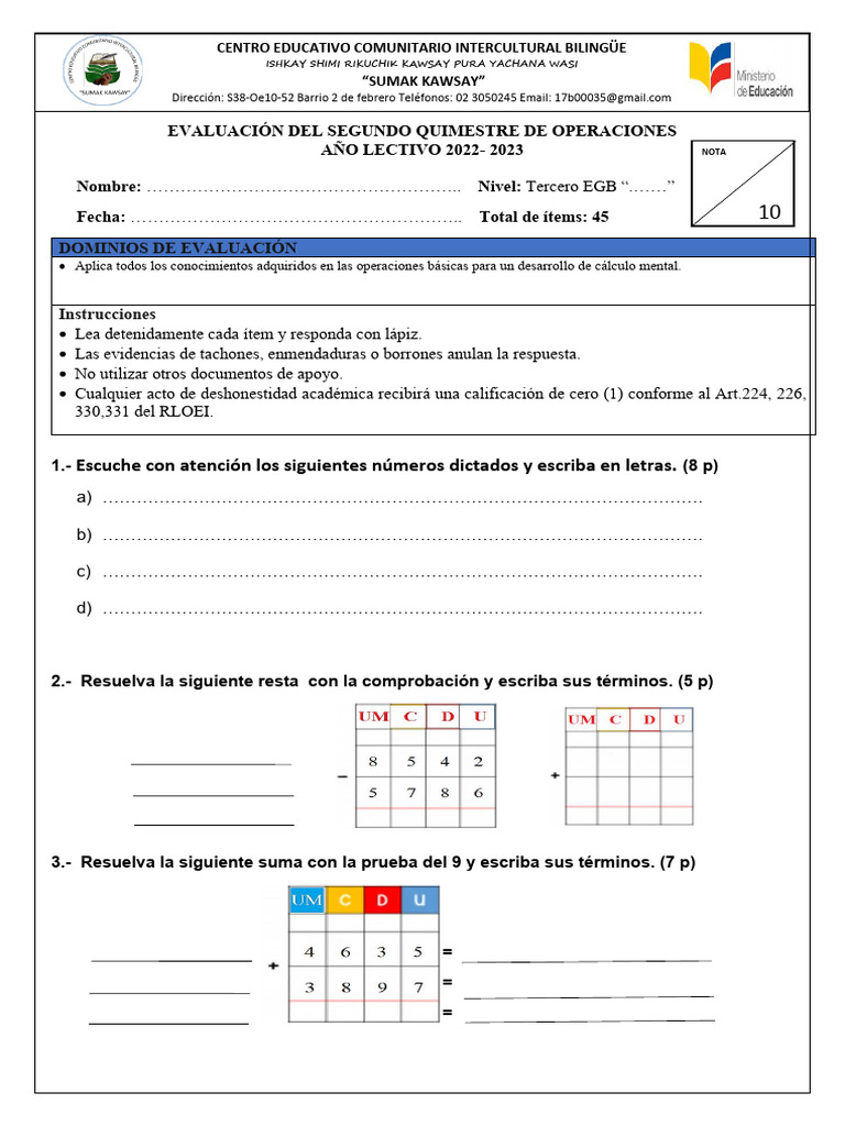 Eval.2do. Quims - Operaciones | PDF | Multiplicación | Matemática Elemental