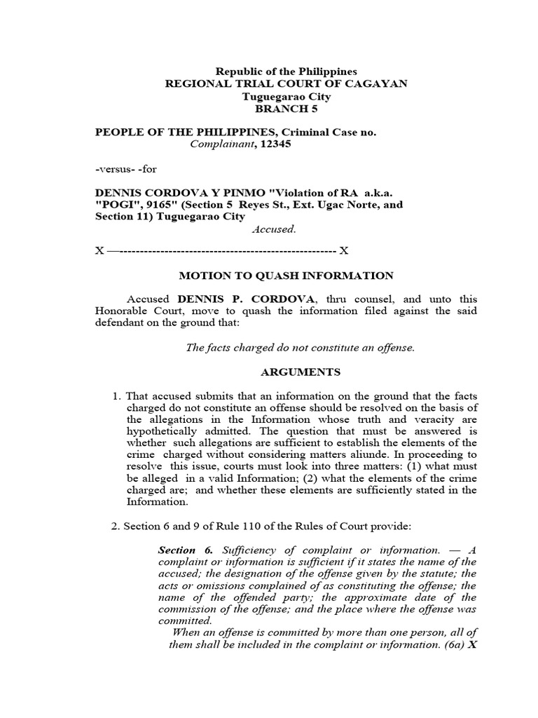 MOTION TO QUASH | PDF | Crimes | Crime & Violence