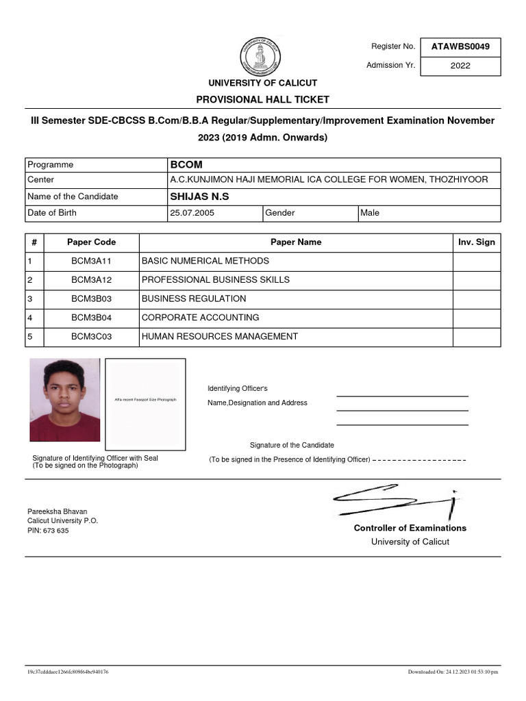 Provisional Hall Ticket for B.Com Exams | PDF