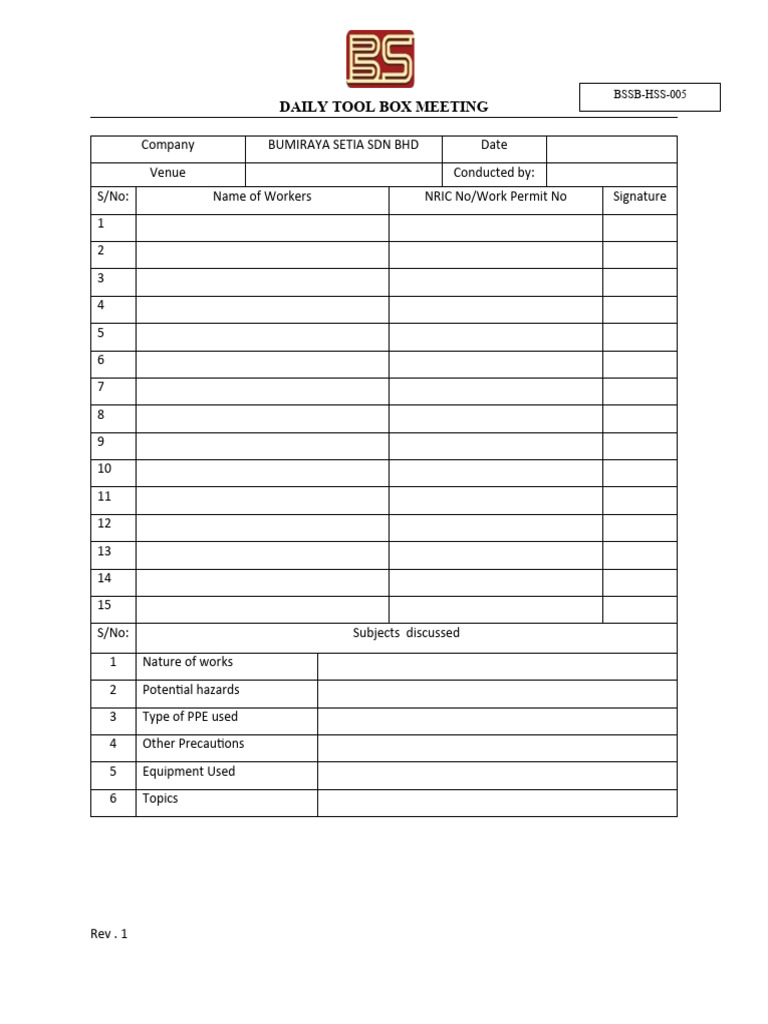BSSB-HSS-005 Daily Toolbox Meeting | PDF