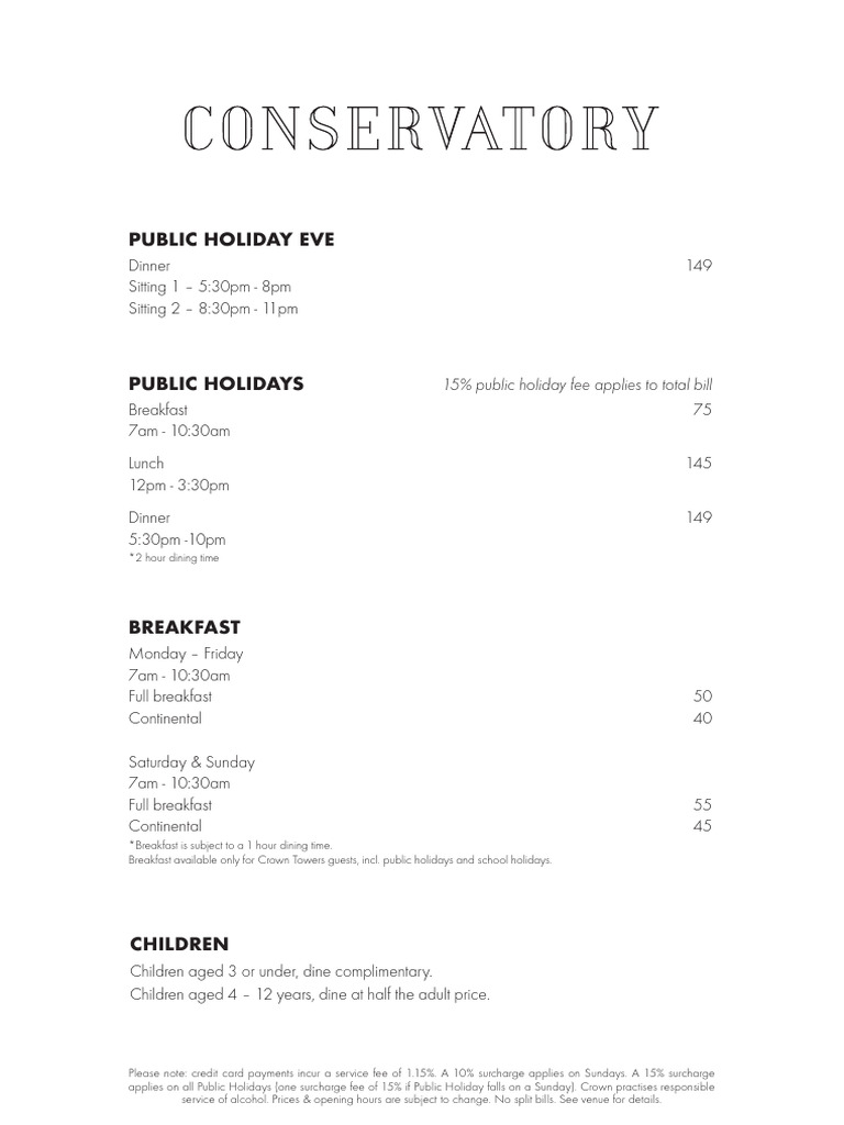 Conservatory Dinner Pricing Details | PDF | Fee | Money