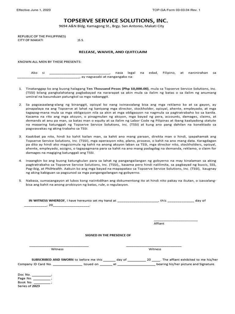 TOP-GA-Form 03-03.04 Release, Waiver and Quit Claim FINAL Final Palma | PDF
