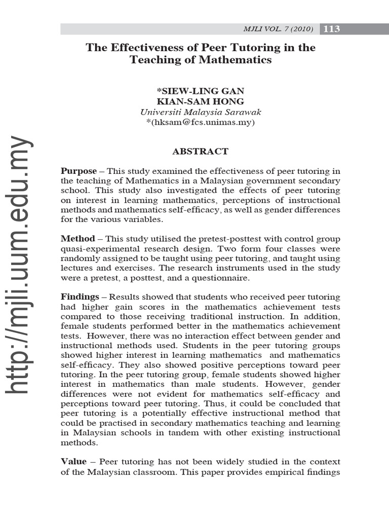 Peer Tutoring's Impact on Math Learning | PDF | Self Efficacy | Teachers